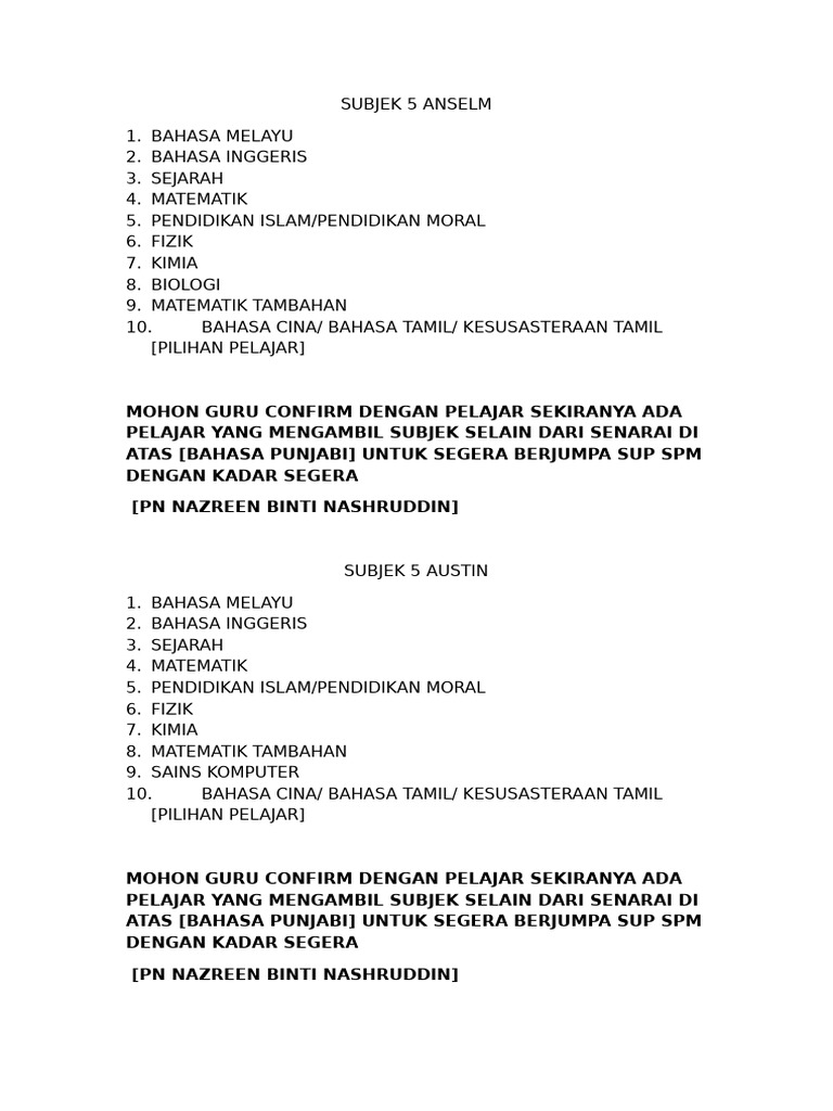 Subjek Mengikut Kelas Tingkatan 5 | PDF