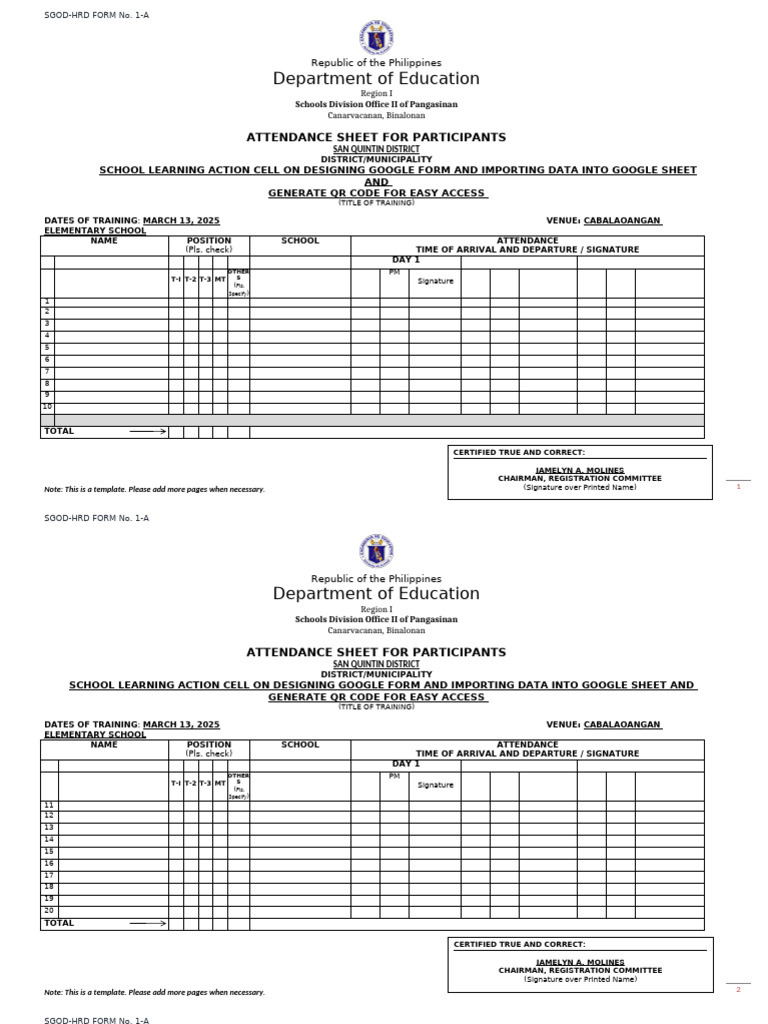 1 2020 Deped Pang 2 HRD Form No 1 A Training Attendance Form For Participants | PDF | Computer ...