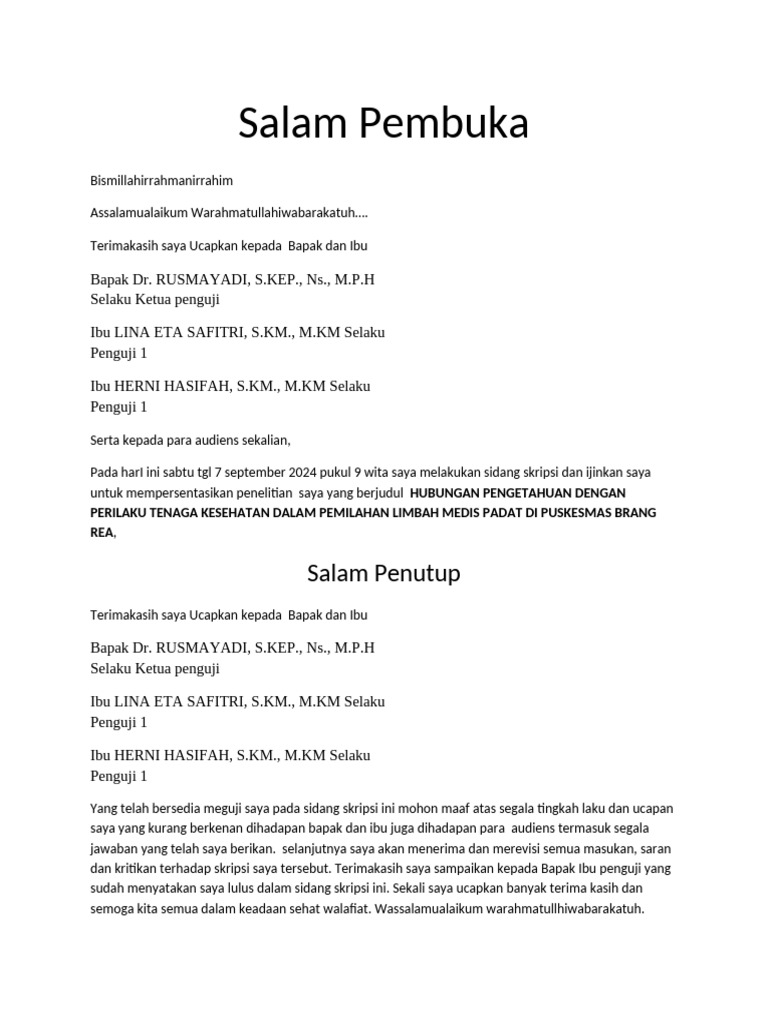 Kata Pembuka & Penutup Semhas | PDF