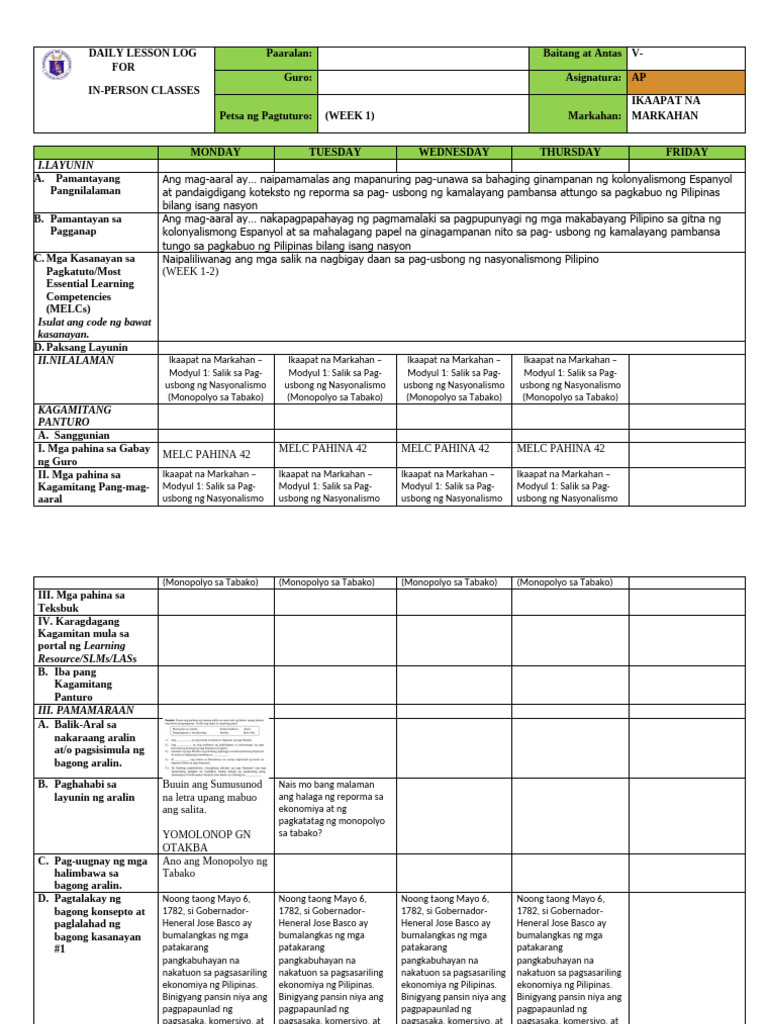 Ap 5 - DLL - Week 1 - Q4 | PDF
