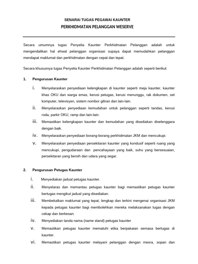 Senarai Tugas Penyelia Kaunter | PDF