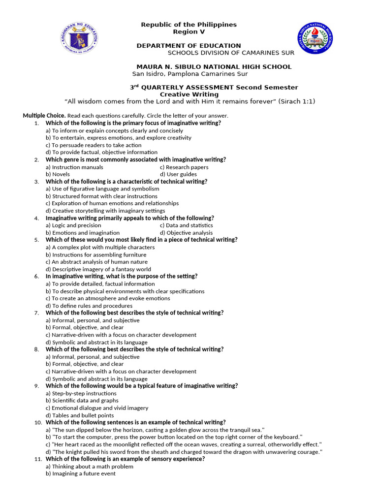 Creative Writing Exam 1st Quarter | PDF | Fantasy | Narration