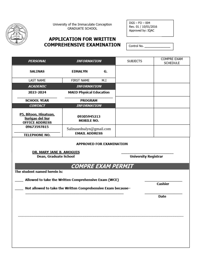 Application For Written Comprehensive Examination-SALINAS | PDF ...