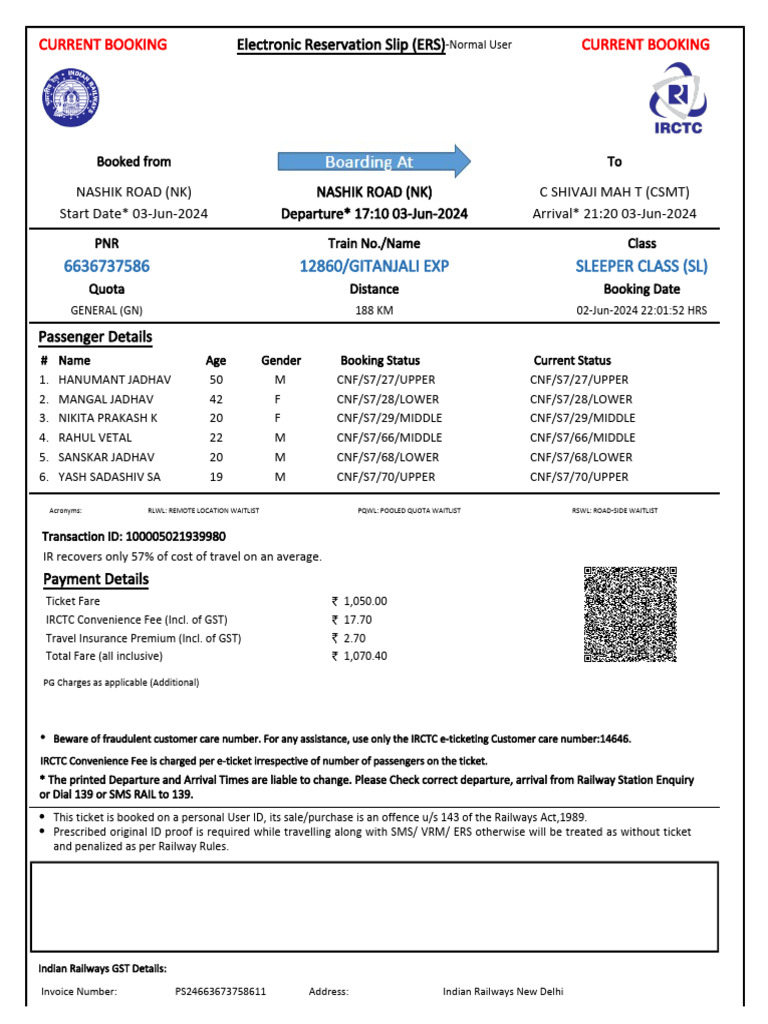 IRCTC Ticket Booking Confirmation | PDF | Identity Document