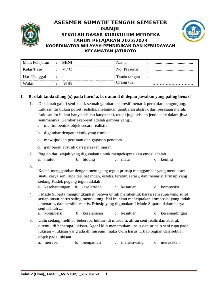 Soal Seni Kelas V Asts Genap 2023-2024 - KM | PDF
