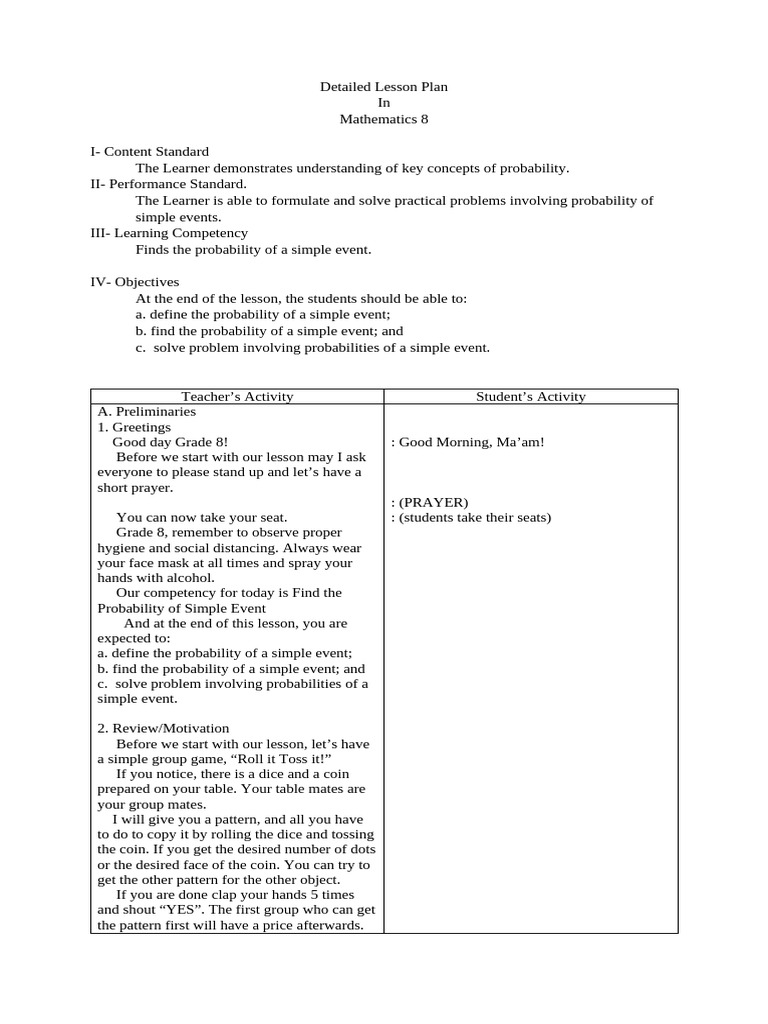 Detailed Lesson Plan CO2 | PDF | Probability