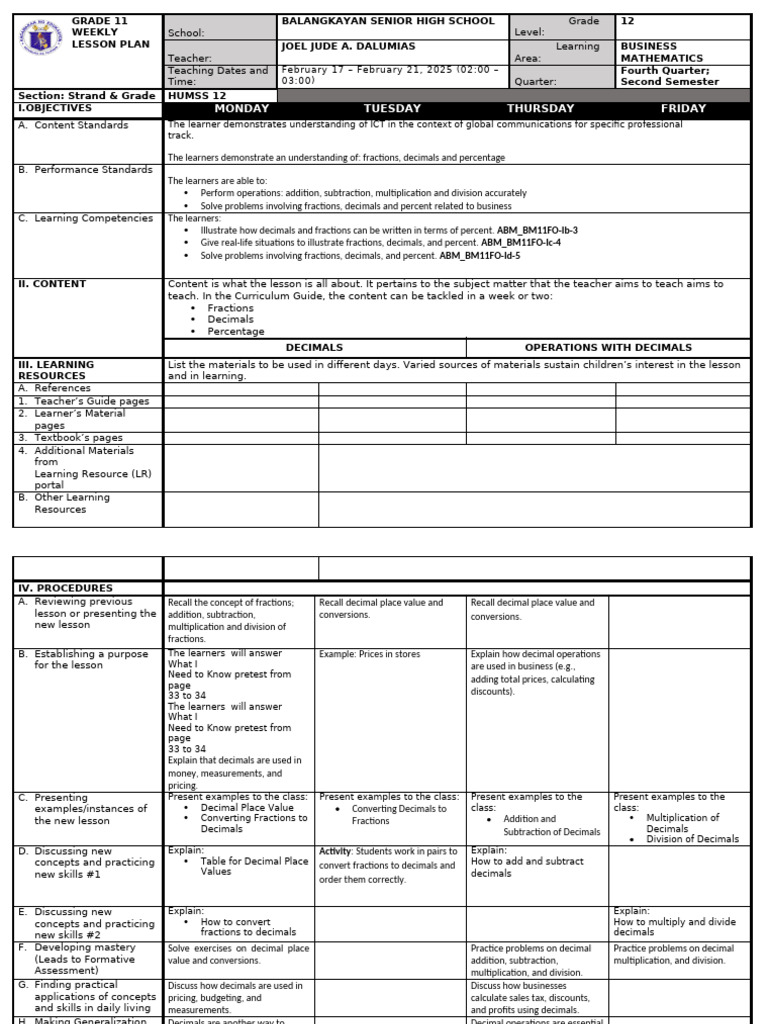 Grade 12 Business Math Lesson Plan | PDF | Decimal | Multiplication