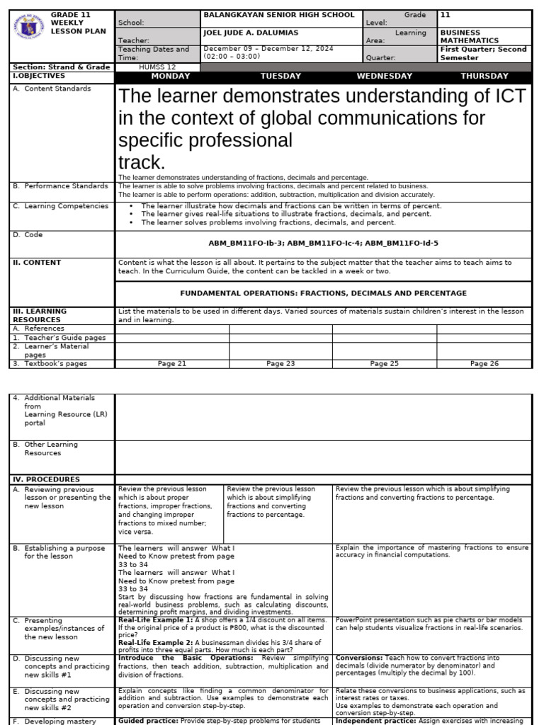 WLP Business Mathematics - Week 1 | PDF | Learning