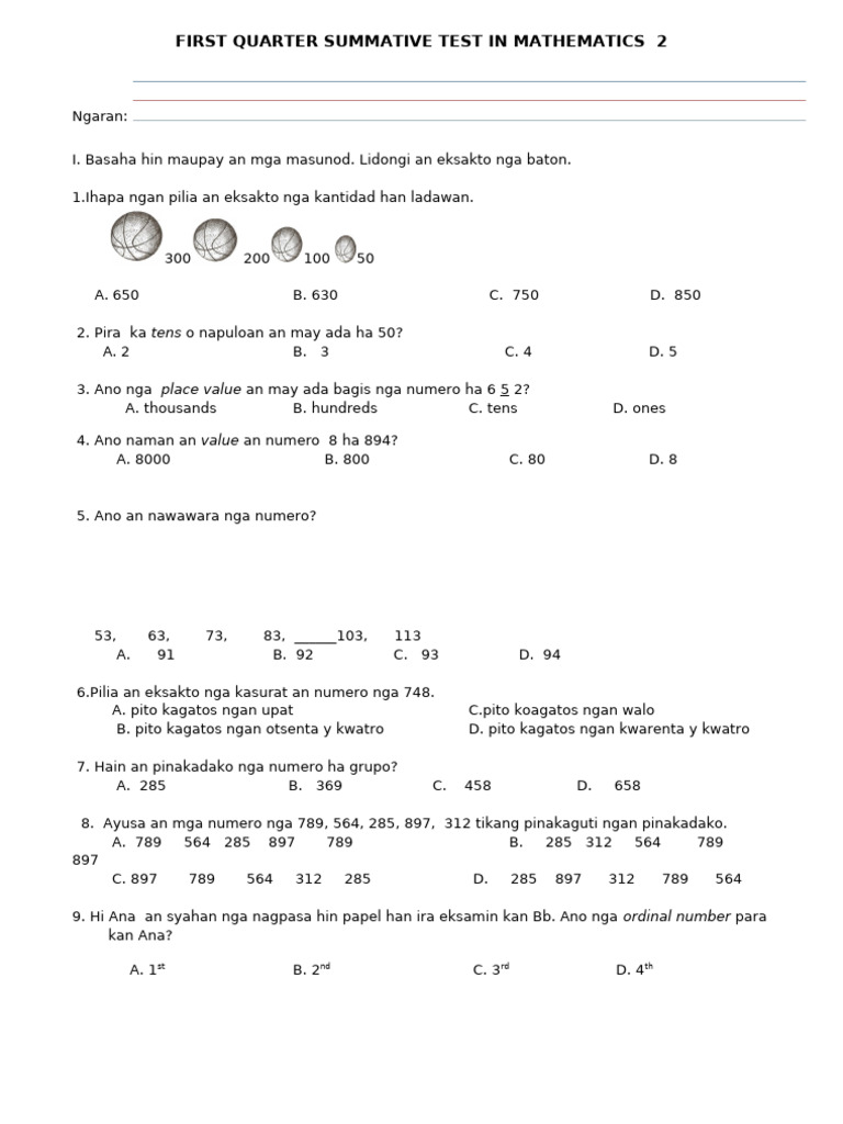 First Quarter Summative Test in Math 2 | PDF