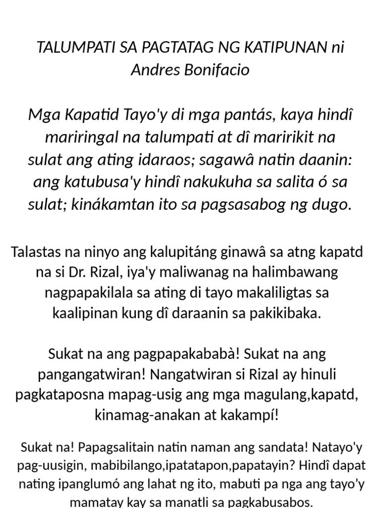 Talumpati Sa Pagtatag NG Katipunan Ni Andres Bonifacio | PDF