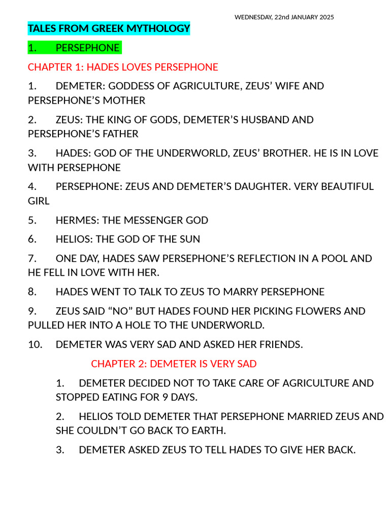 TALES FROM GREEK MYTHOLOGY CHAPTERS 1, 2 | PDF