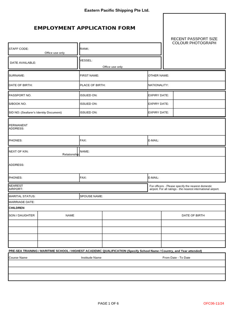 Eastern Pacific Shipping Application Form | PDF | Gasoline | Chemical ...