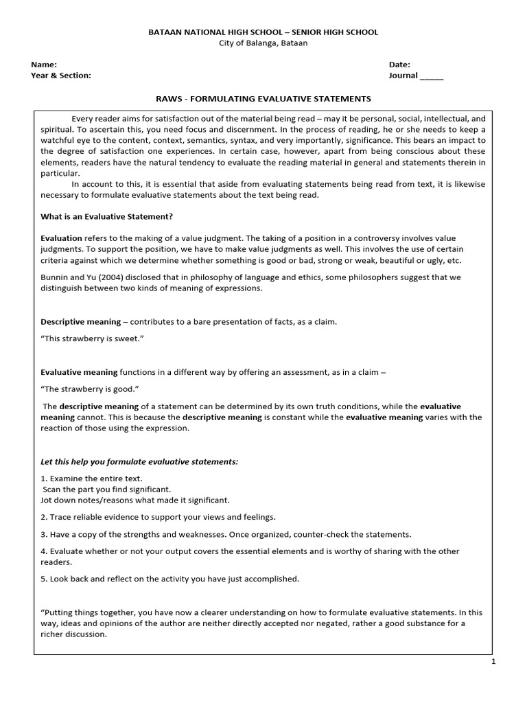 Formulating Evaluative Statements Part 1 | PDF | Semantics
