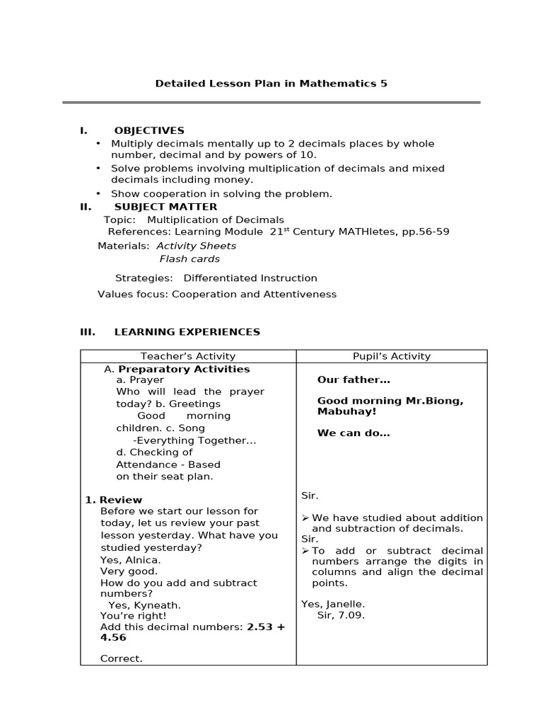 MATH5 Q2 DLP Multiplication of Decimals | PDF | Multiplication | Numbers