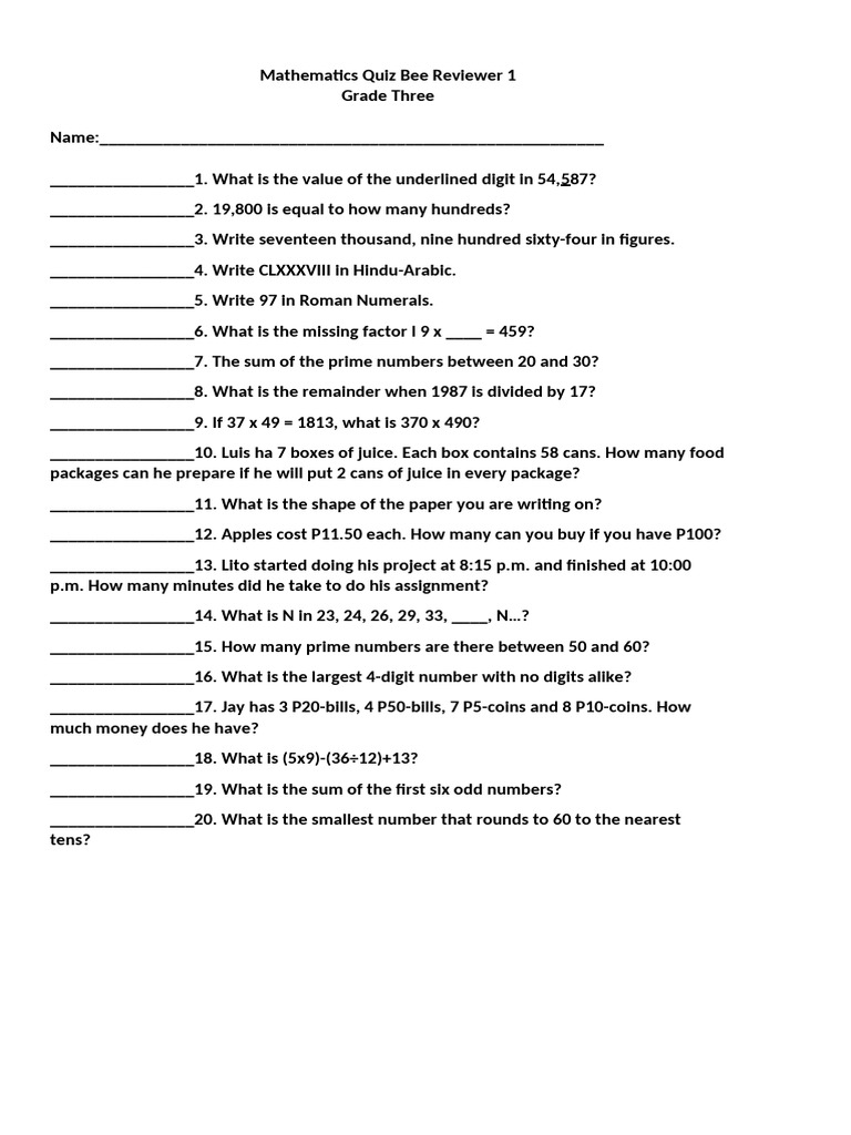 Mathematics Quiz Bee Reviewer 1 | PDF | Arithmetic | Mathematics