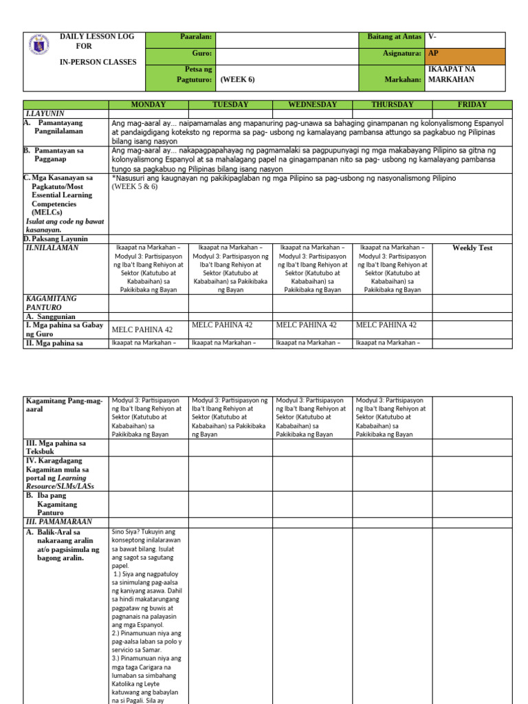 Ap 5 - DLL - Week 6 - Q4 | PDF