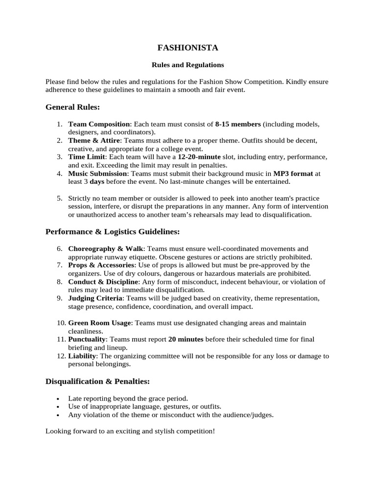 Fashion Show Competition Guidelines | PDF