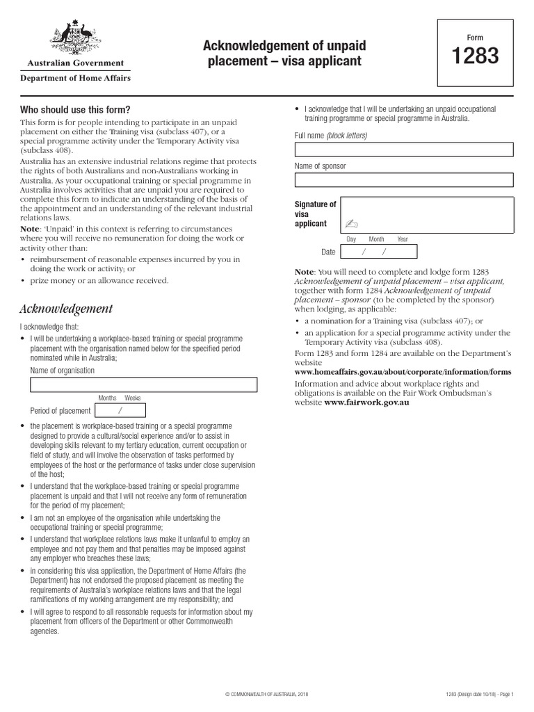 Acknowledgement of Unpaid Placement - Visa Applicant | PDF