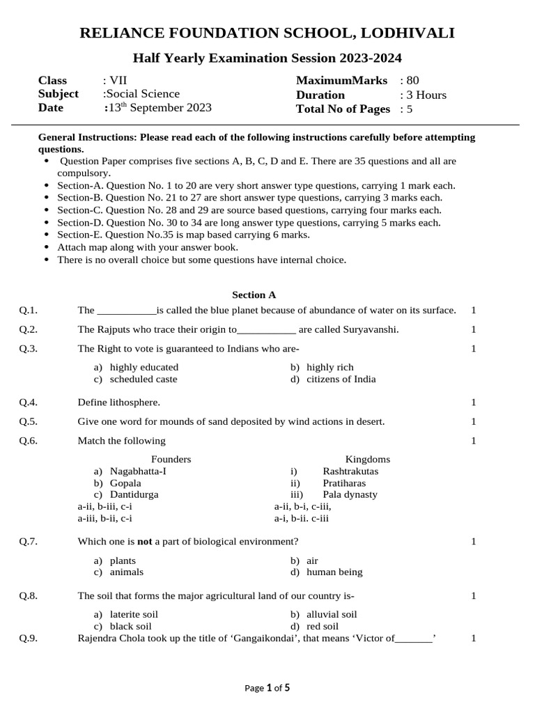RFSLEM VII 2023-24 Half Yearly examination Social Science QP | PDF ...
