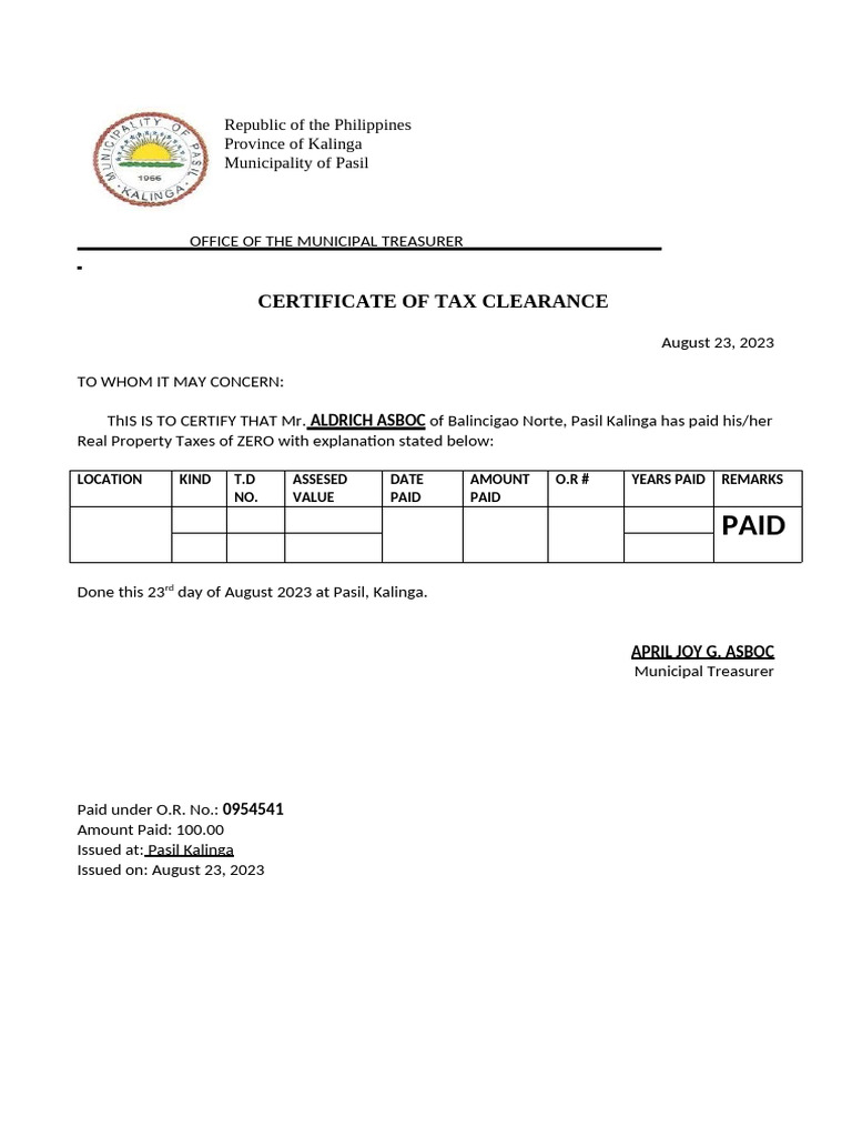 Kalinga Tax Clearance Certificate 2023 | PDF