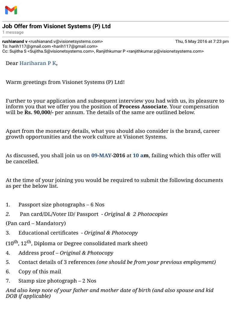 Gmail - Job Offer From Visionet Systems (P) LTD | PDF