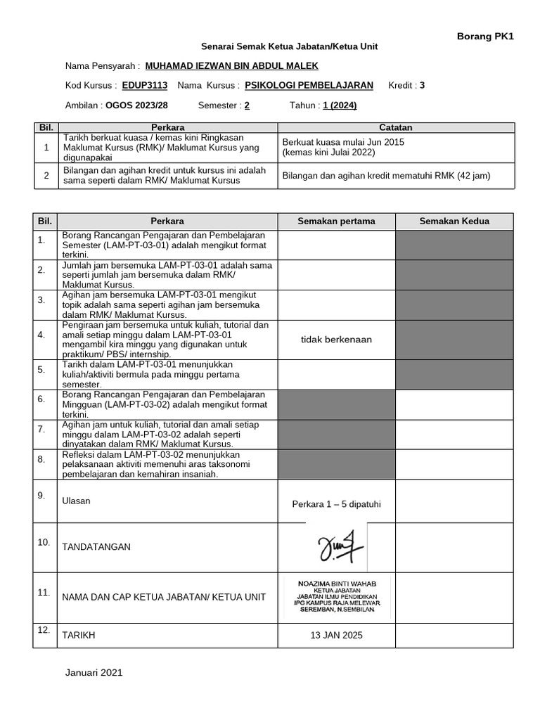 BORANG SENARAI SEMAK PK1 | PDF