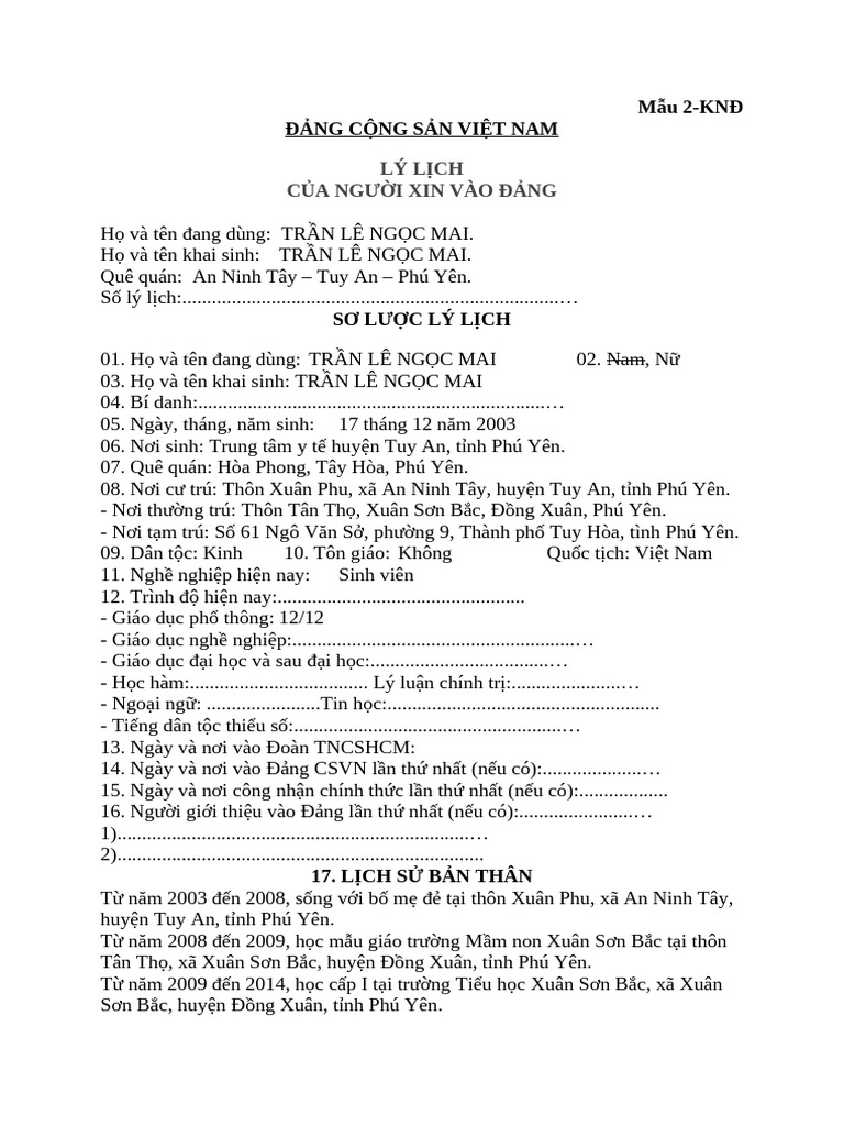 Mau Ly Lich Cua Nguoi Xin Vao Dang | PDF