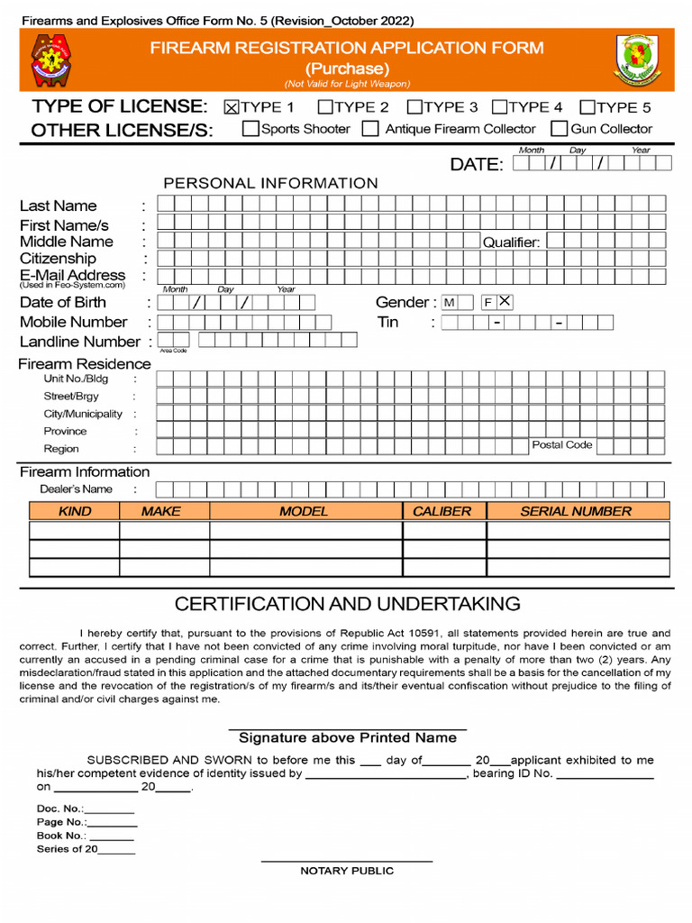 FEO FORM No. 5 Firearm Registration Application Purchase | PDF