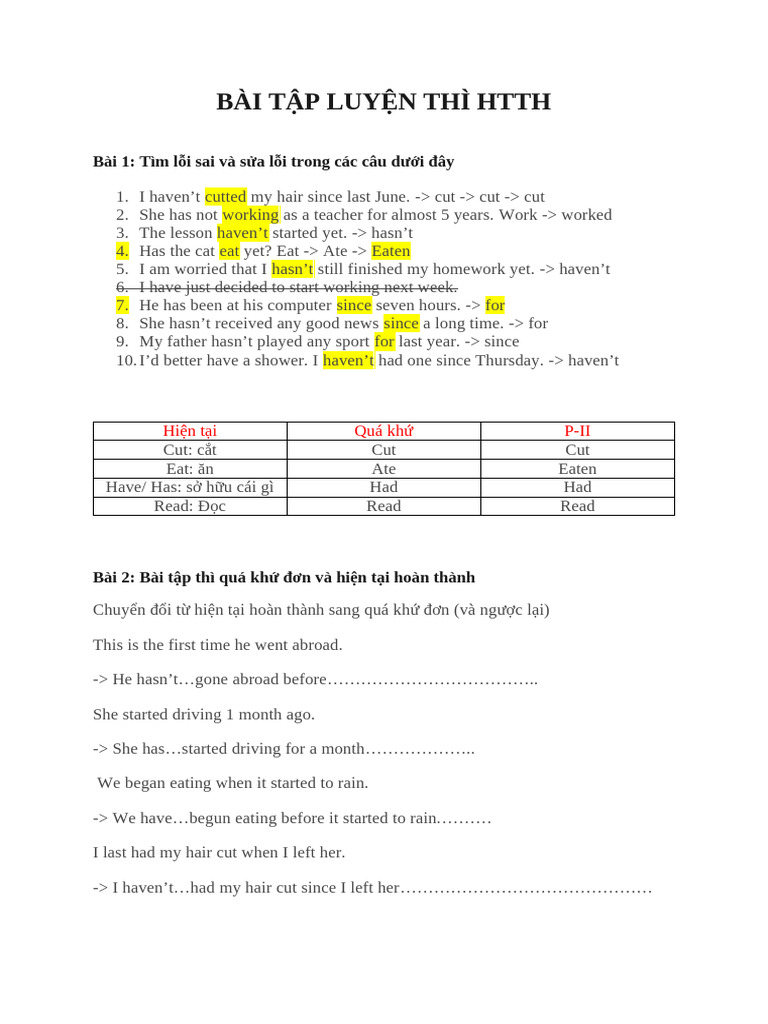 Bài Tập Luyện Thì HTTH | PDF