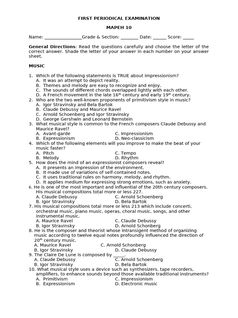 MAPEH 10 First Periodical Exam Review | PDF | Cubism | Expressionism