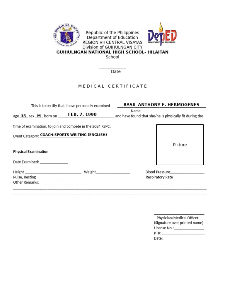 Medical Certificate for RSPC 2024 | PDF