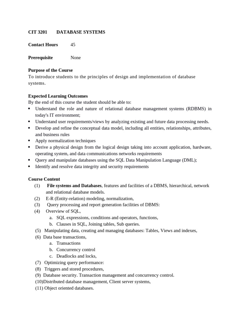 CIT 3201 DATABASE SYSTEMS Course Outline | PDF | Databases | Relational Database