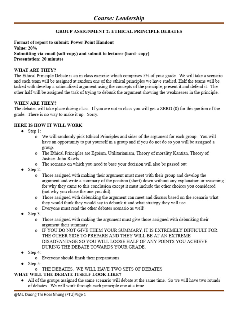 Oup Assg 2 - Ethical Debate Guidline-Leadership Ethics | PDF | Reason | Argument