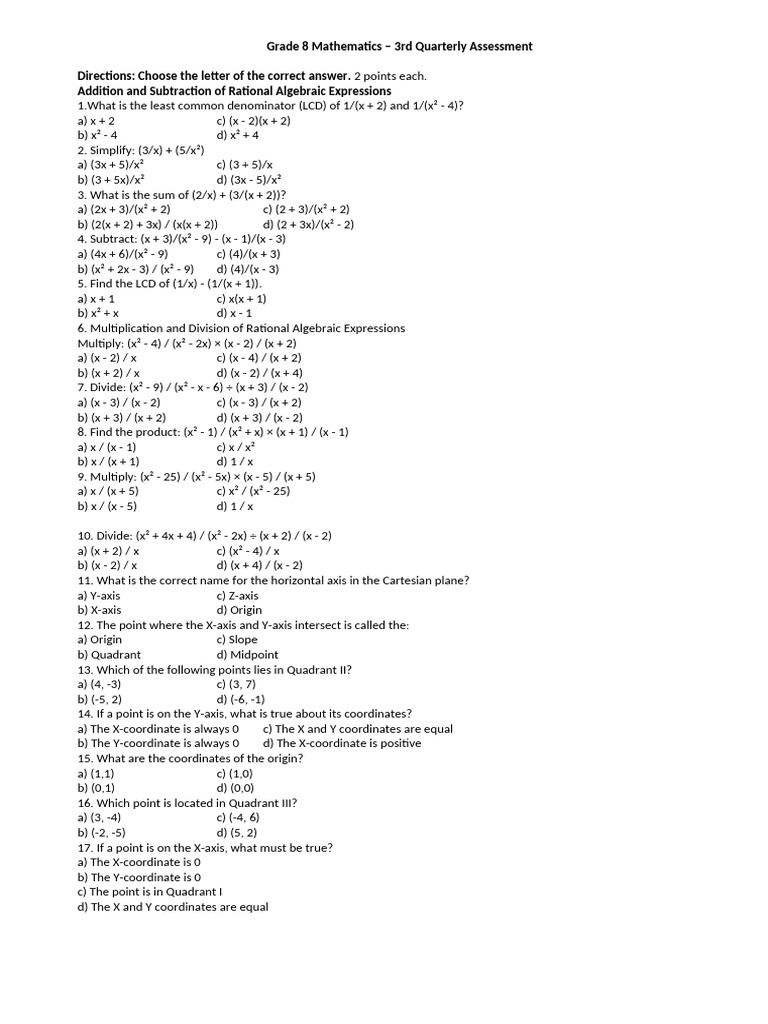 Grade 8 Mathematics 3rd Quarterly Assessment | PDF | Cartesian ...