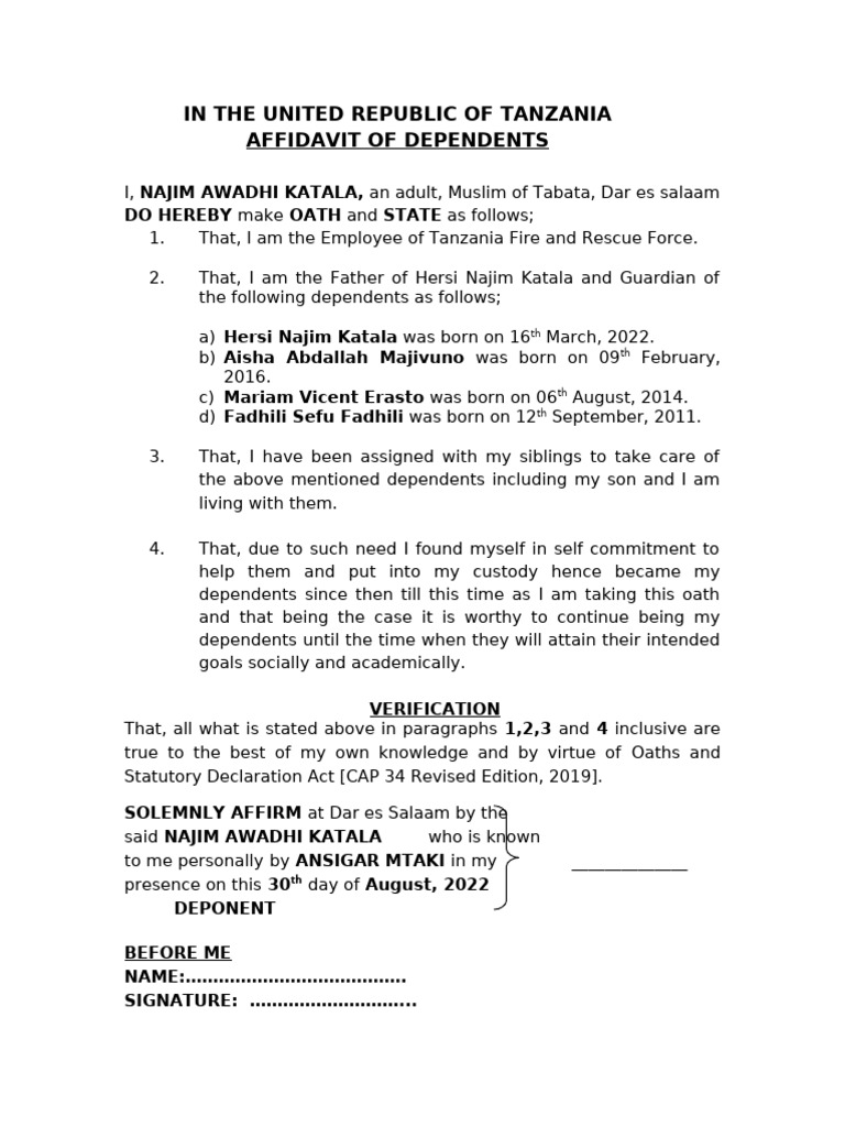 Affidavit of Dependents by Najim Katala | PDF