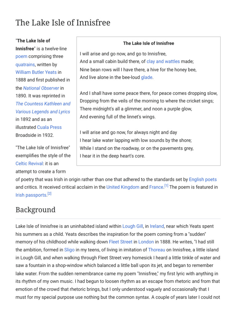 The Lake Isle of Innisfree - Wikipedia | PDF | Poetry