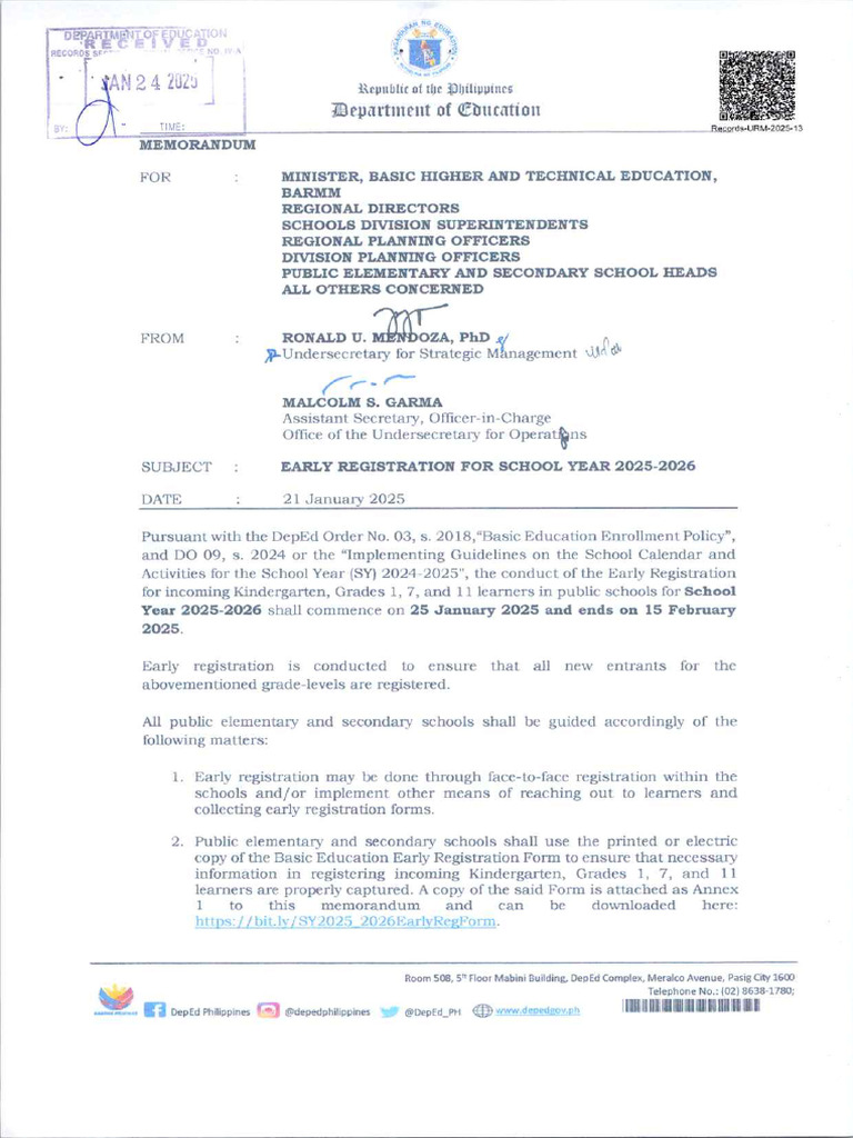 Early Registration For School Year 2025 2026 | PDF