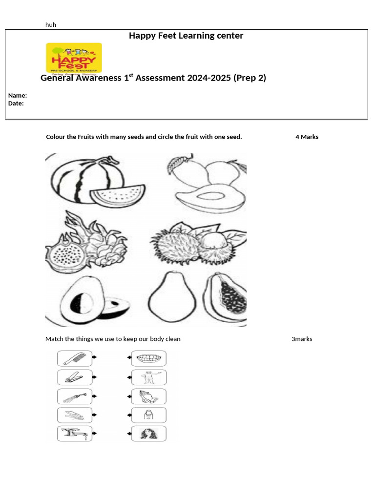JR KG EVS First Assessment Question Paper 2024 | PDF
