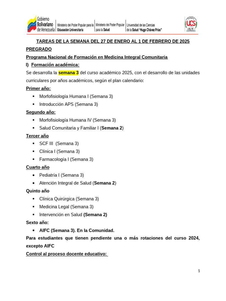 Tareas, Semana Del 27 Ene Al 1 de Febrero 2025 | PDF | Medicina | Maestros