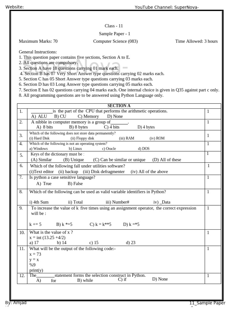 SAMPLE PAPER - 1-XI_CS_Board | PDF | Computer Data Storage | Control Flow
