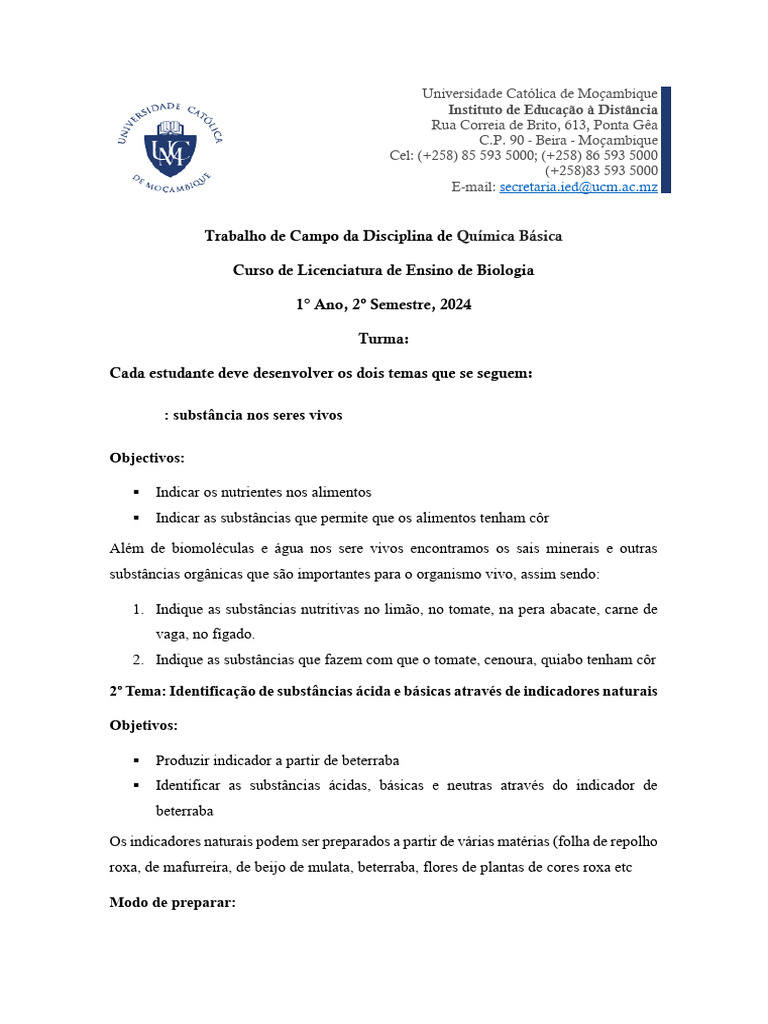 Trabalho Do Campo Quimica Basica 2 Semetre 2024 Ucm | PDF | Química