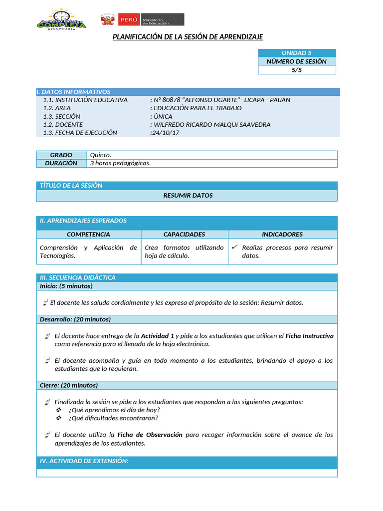 Planificación de La Sesión de Aprendizaje | PDF | Aprendizaje
