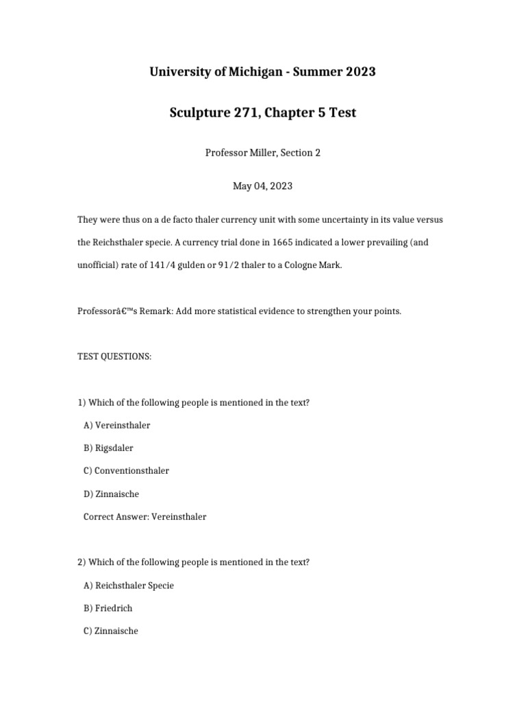 Sculpture 271 Chapter 5 Test | PDF
