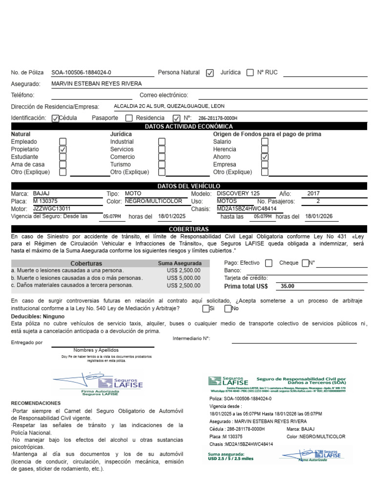 FormatoSOA - MARVIN ESTEBAN REYES RIVERA19639373 - 20250118 - 052534 | PDF | Póliza de seguros ...