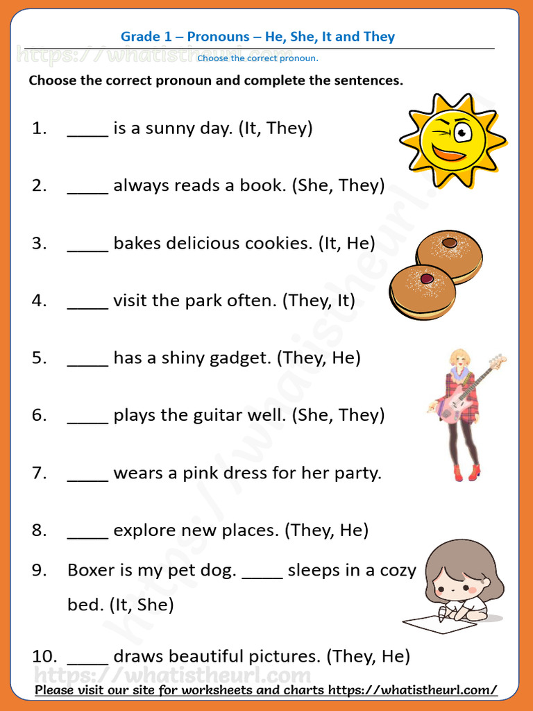 He, She, It, They Worksheet for Grade 1 | PDF