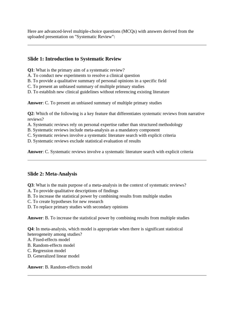 Advanced MCQs on Systematic Reviews | PDF | Systematic Review | Meta Analysis