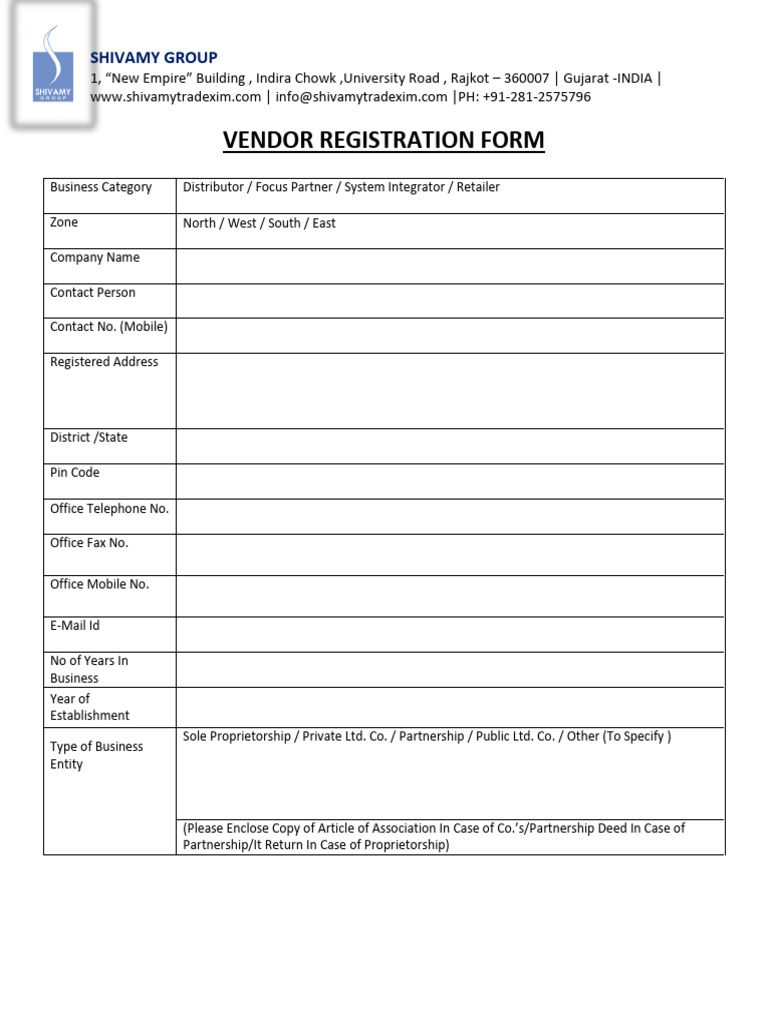 Vendor Registration Form for Shivamy Group | PDF | Sole Proprietorship ...