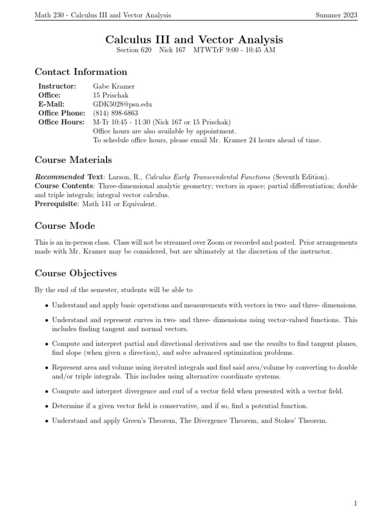 Math 230: Calculus III Syllabus 2023 | PDF | Academic Dishonesty | Integral