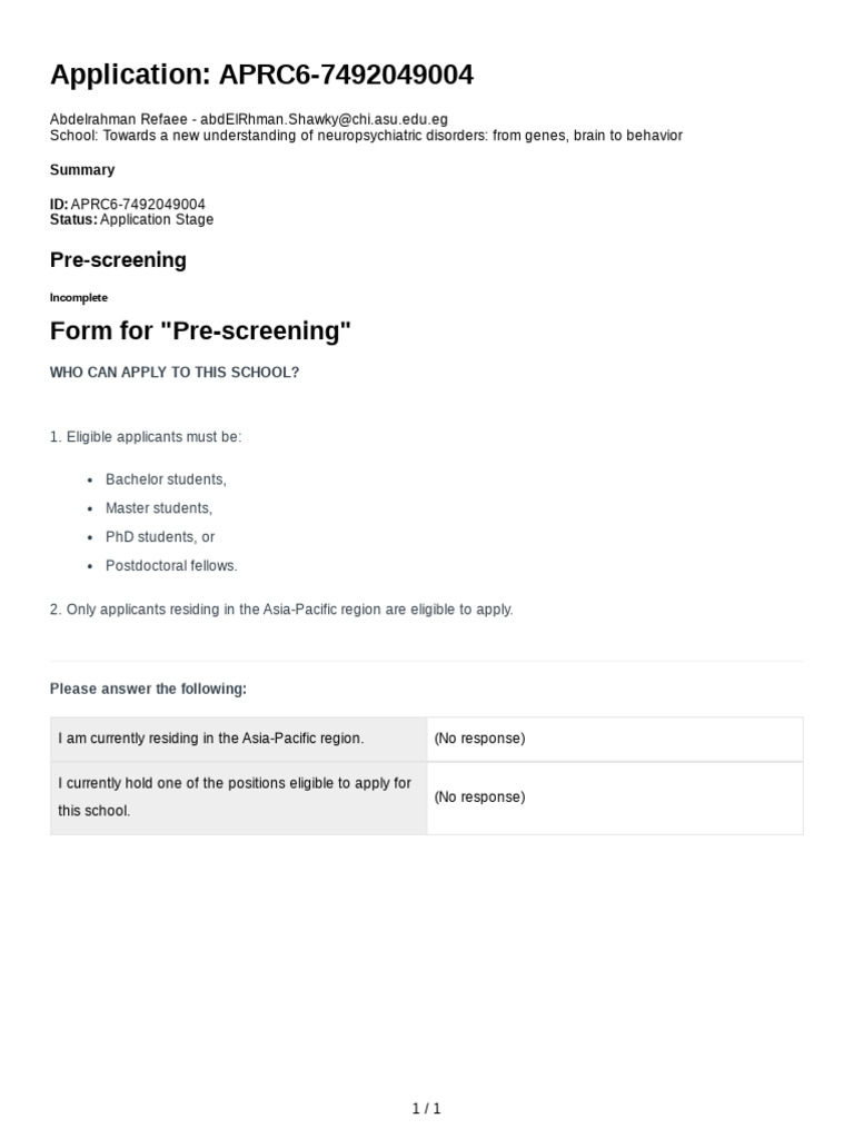 Application: APRC6-7492049004: Form For "Pre-Screening" | PDF