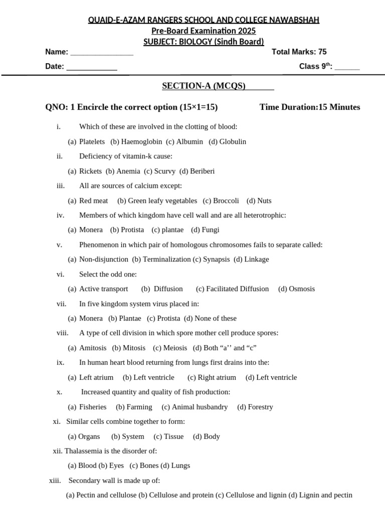 9th Class Biology Paper Pre Board | PDF | Cell (Biology) | Meiosis